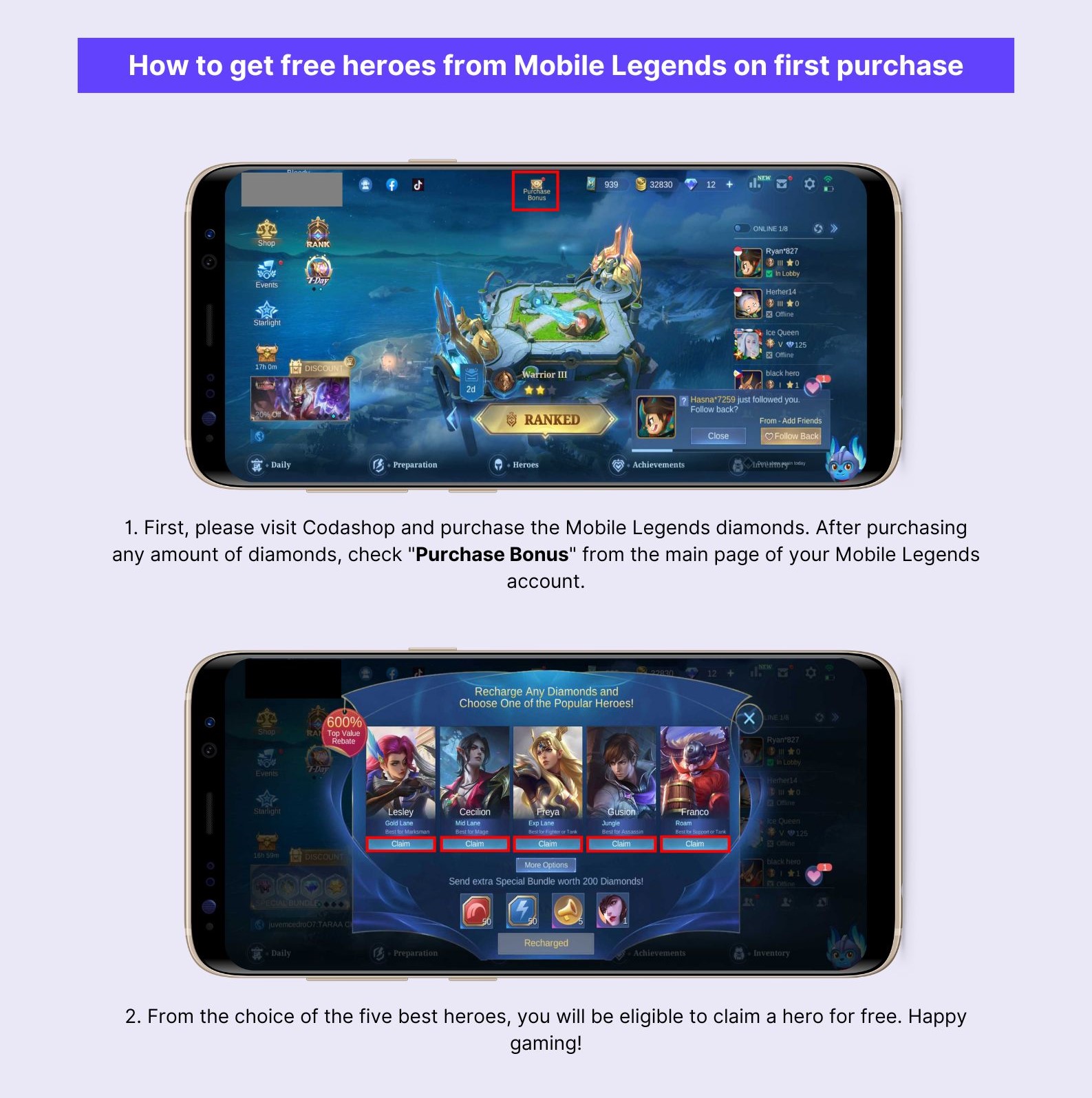 How to get free heroes from Mobile Legends on first purchase ...
