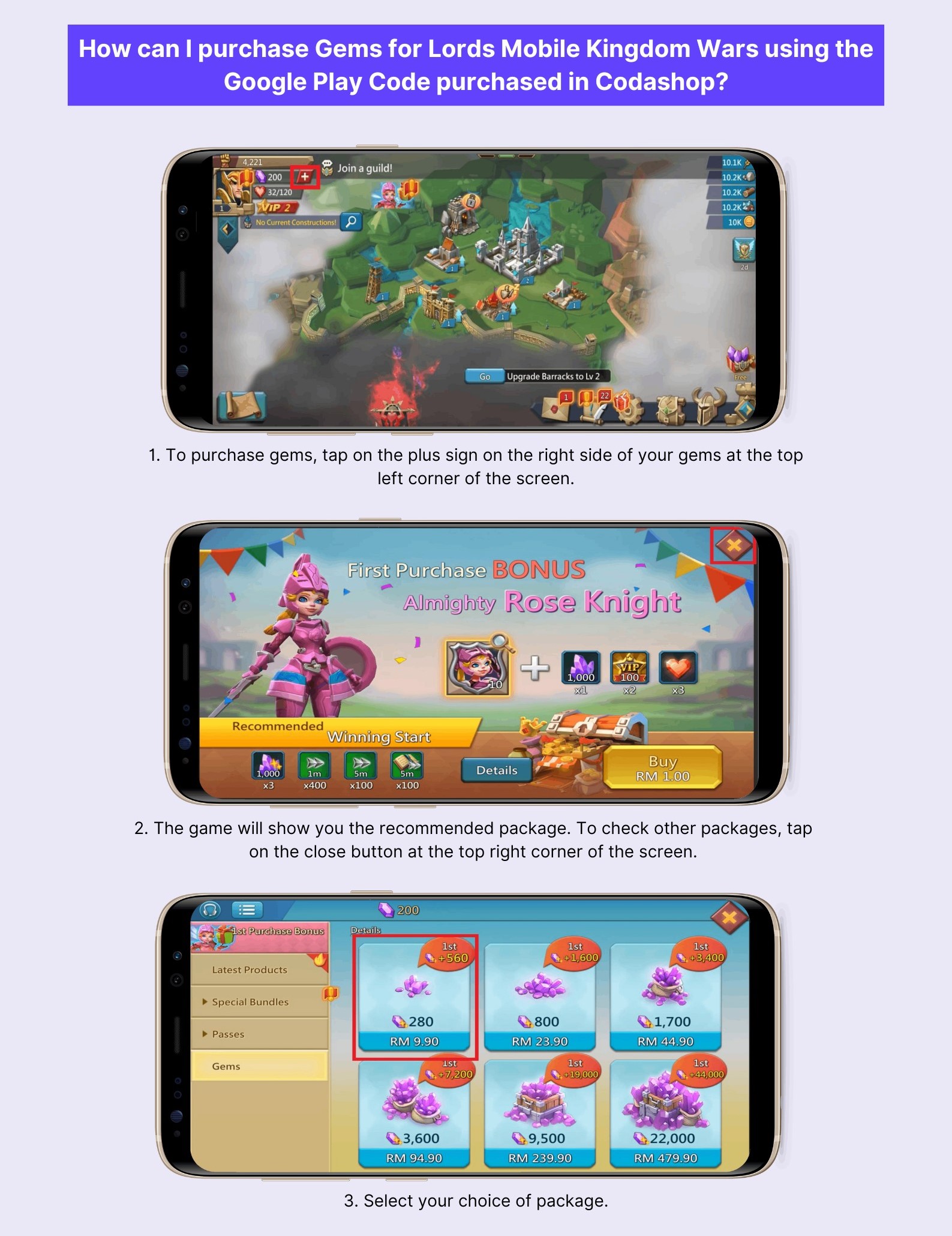 How can I purchase Gems for Lords Mobile Kingdom Wars using the Google ...