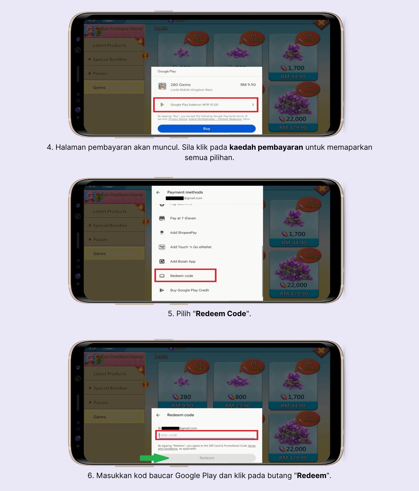 Bagaimana cara beli Gems Lords Mobile Kingdom Wars menggunakan Kode Google Play yang dibeli di ...
