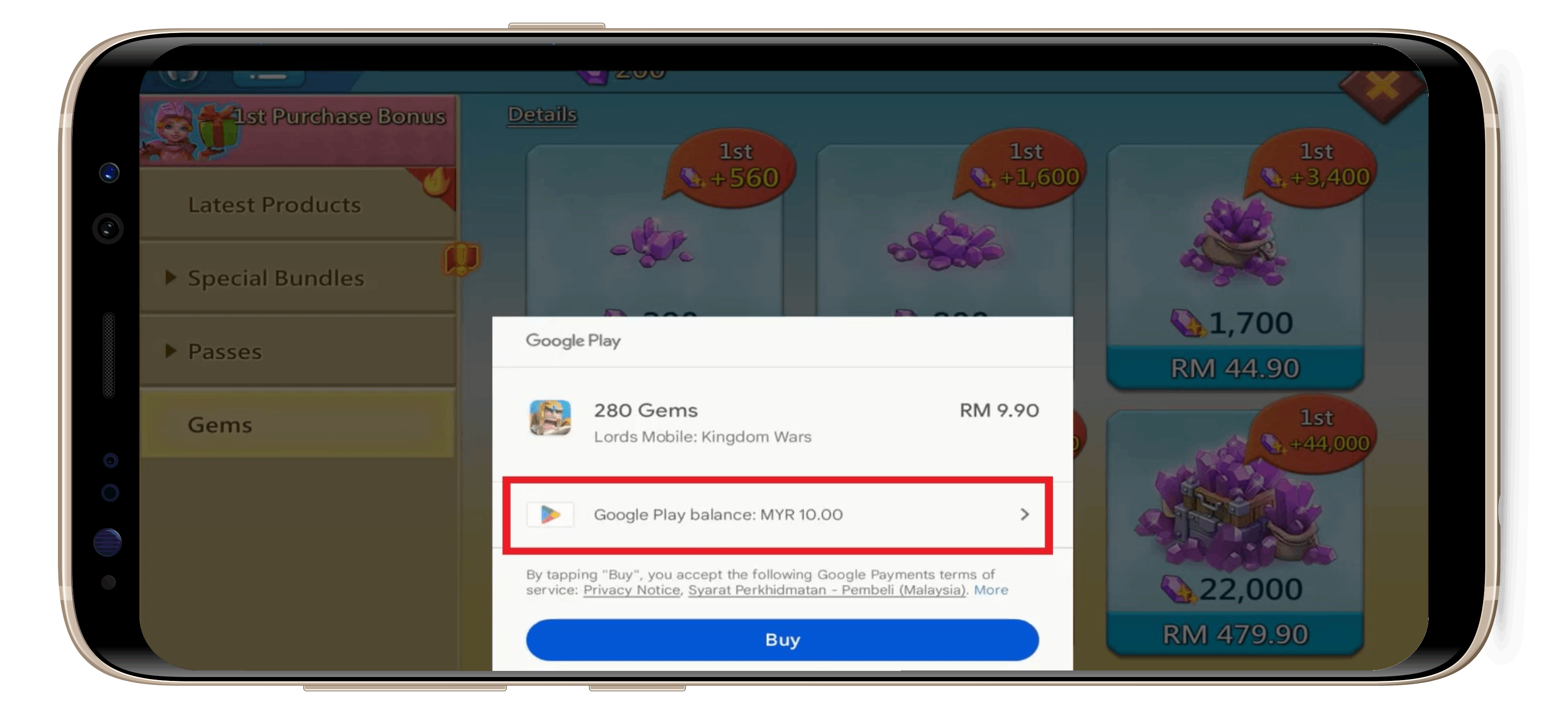 Bagaimana cara beli Gems Lords Mobile Kingdom Wars menggunakan Kode Google Play yang dibeli di ...